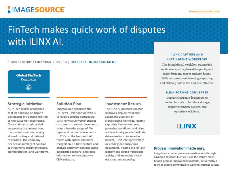 FinTech makes quick work of disputes with ILINX AI | ImageSource Inc.